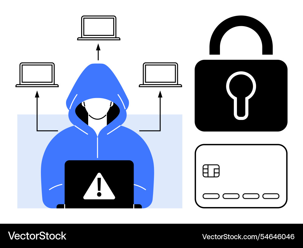 Cybersecurity threat with hacker in blue hoodie Vector Image