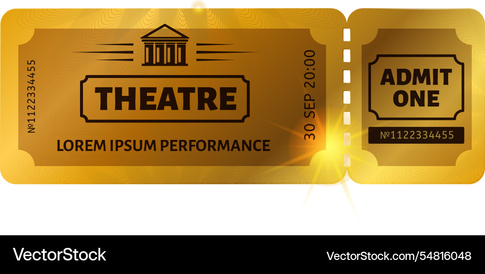 Golden ticket for a theater performance Royalty Free Vector