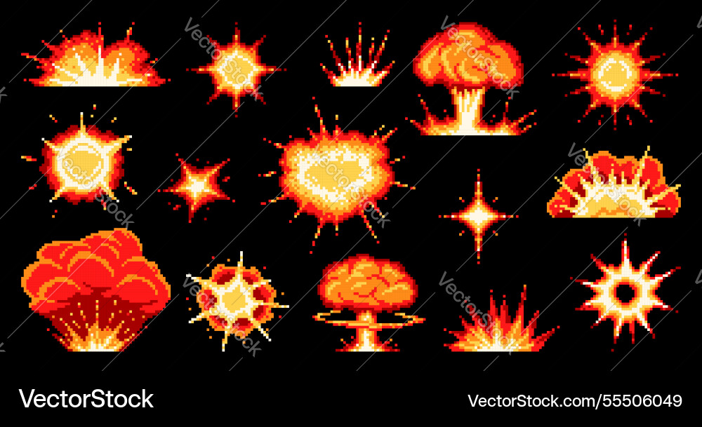 8 bit pixel game bomb blast and fire explosion Vector Image