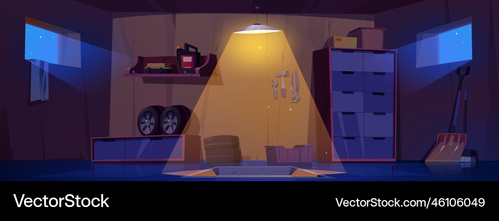 Cartoon garage interior design at night Royalty Free Vector