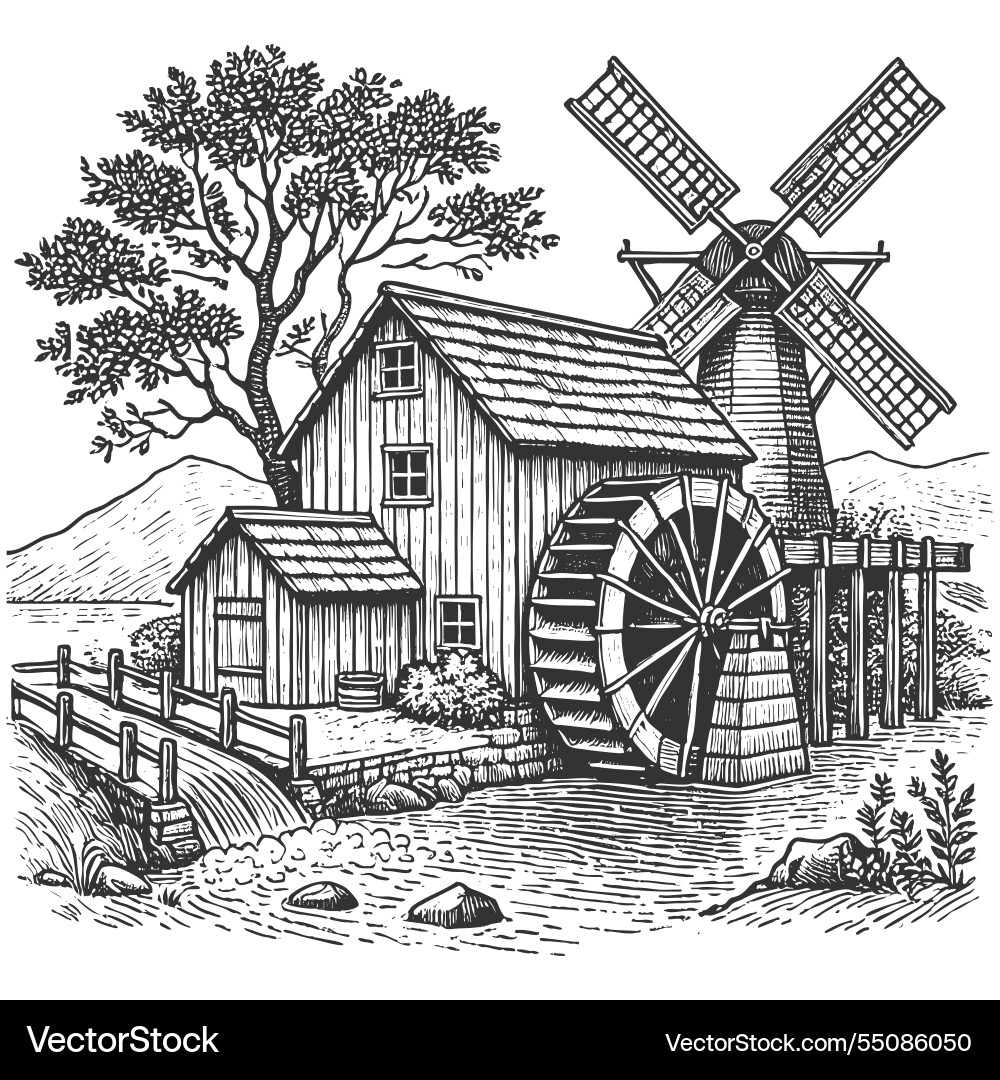 Vintage watermill by a stream Royalty Free Vector Image
