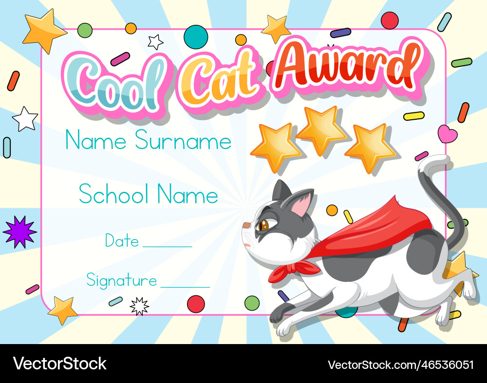 Cool cat award certificate Royalty Free Vector Image