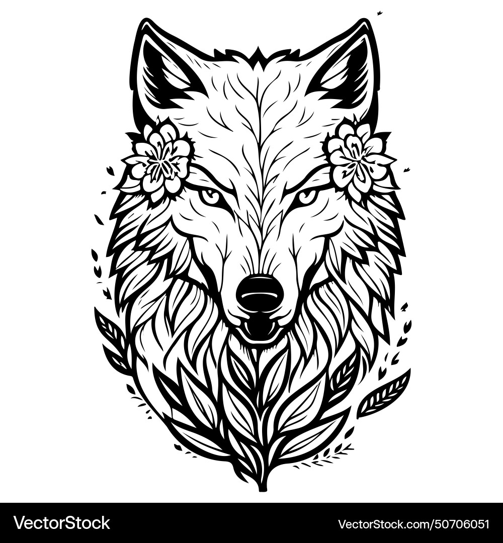 Wolf brave with floral spring sketch hand draw Vector Image