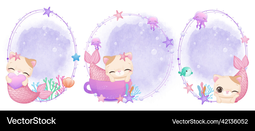 Cute cat mermaid background Royalty Free Vector Image