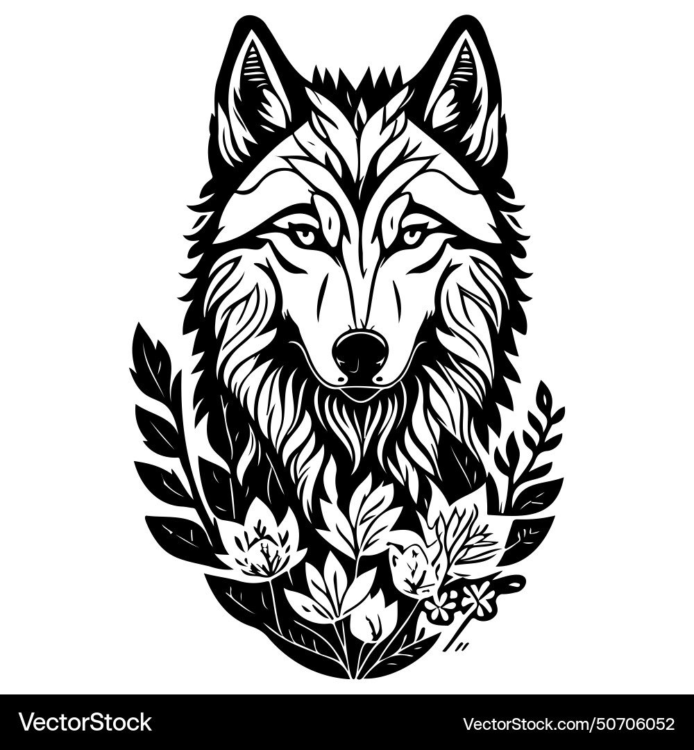 Wolf brave with floral spring sketch hand draw Vector Image