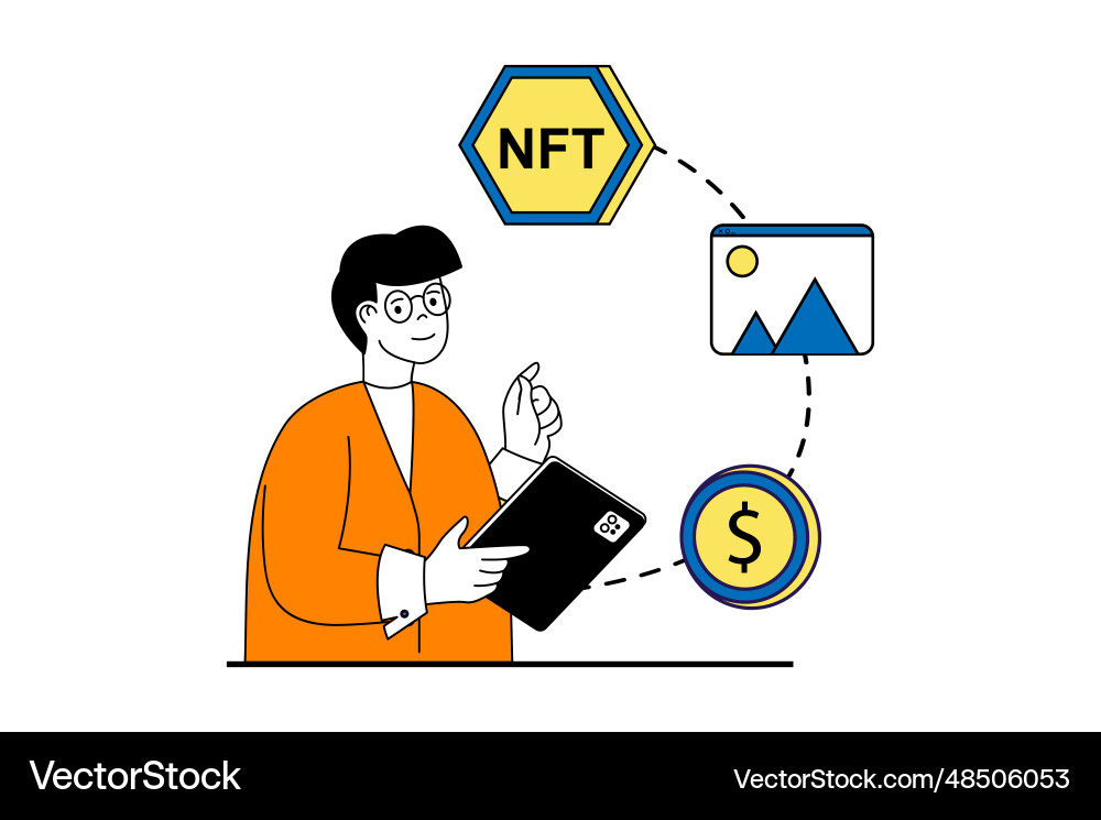 Nft token concept with people scene in flat web Vector Image