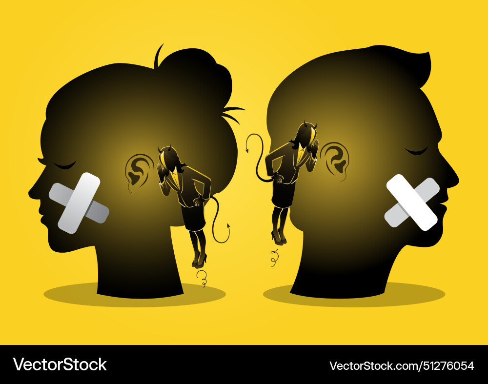 Devils whispering to a couple ears Royalty Free Vector Image
