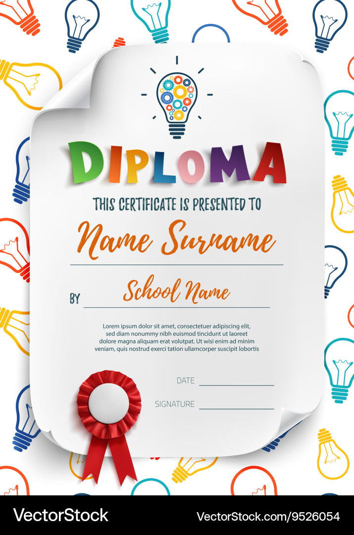 Diploma template with colorful light bulbs Vector Image
