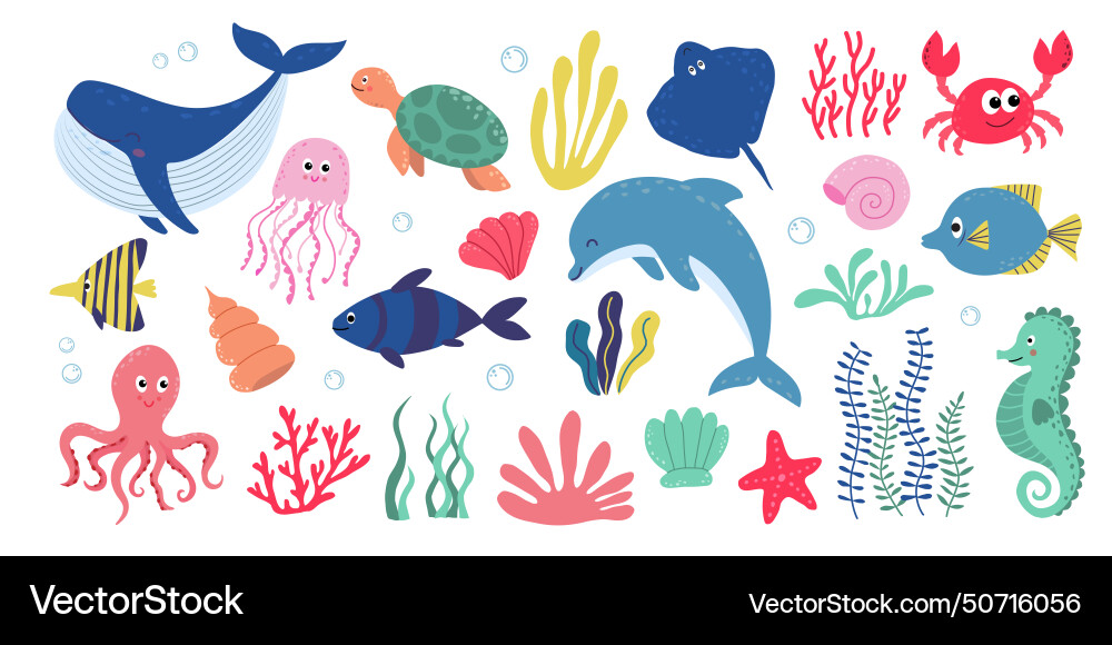 Cute aquatic animals shells and plants Royalty Free Vector