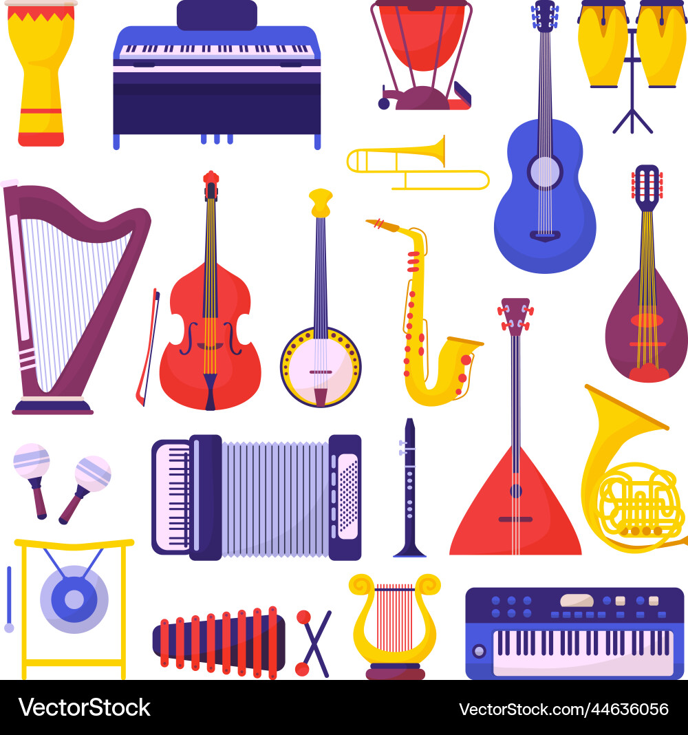Flat cartoon musical instruments music Royalty Free Vector