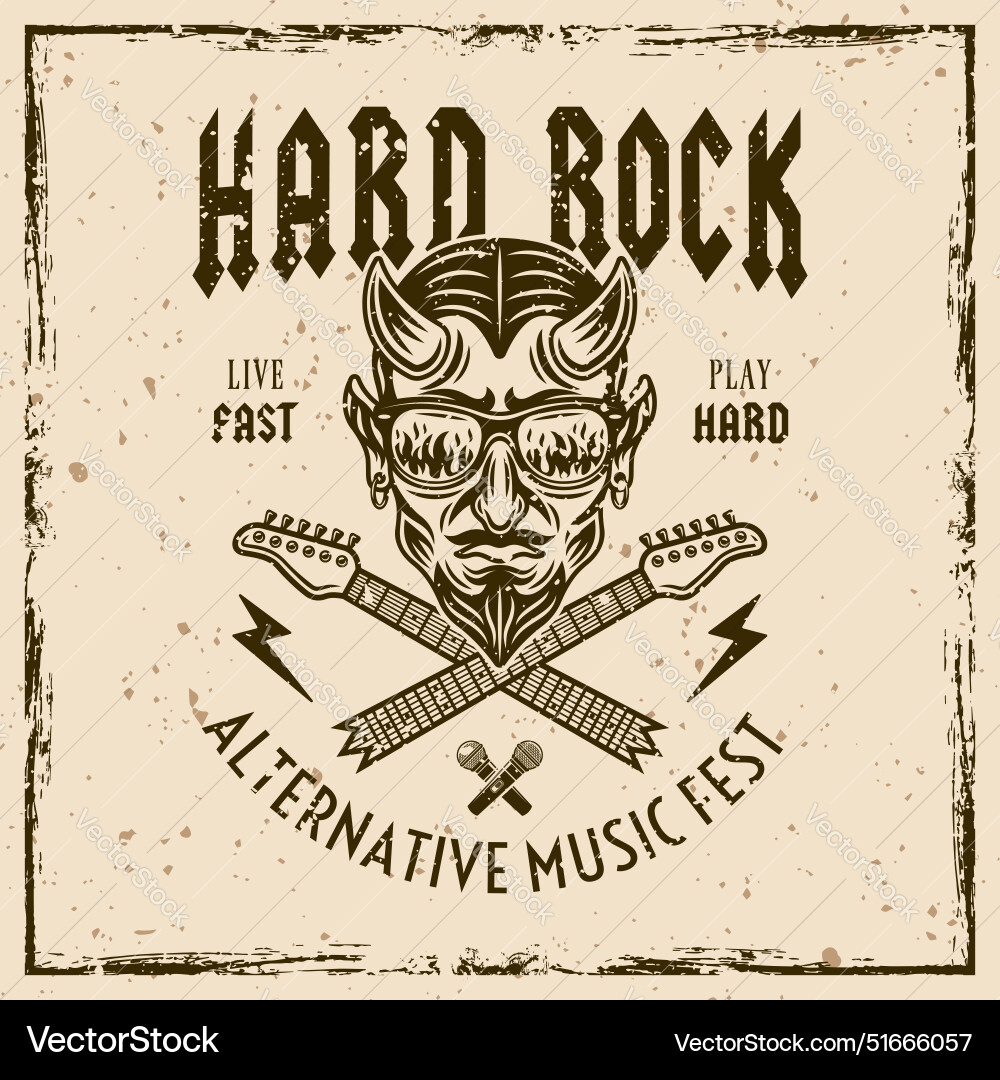 Hard rock emblem with devil in sunglasses Vector Image