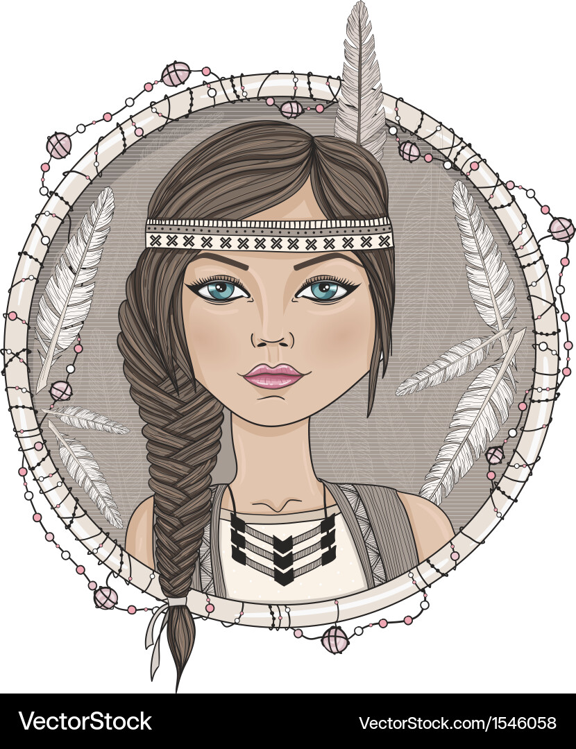 Cute native american girl and feathers frame Vector Image