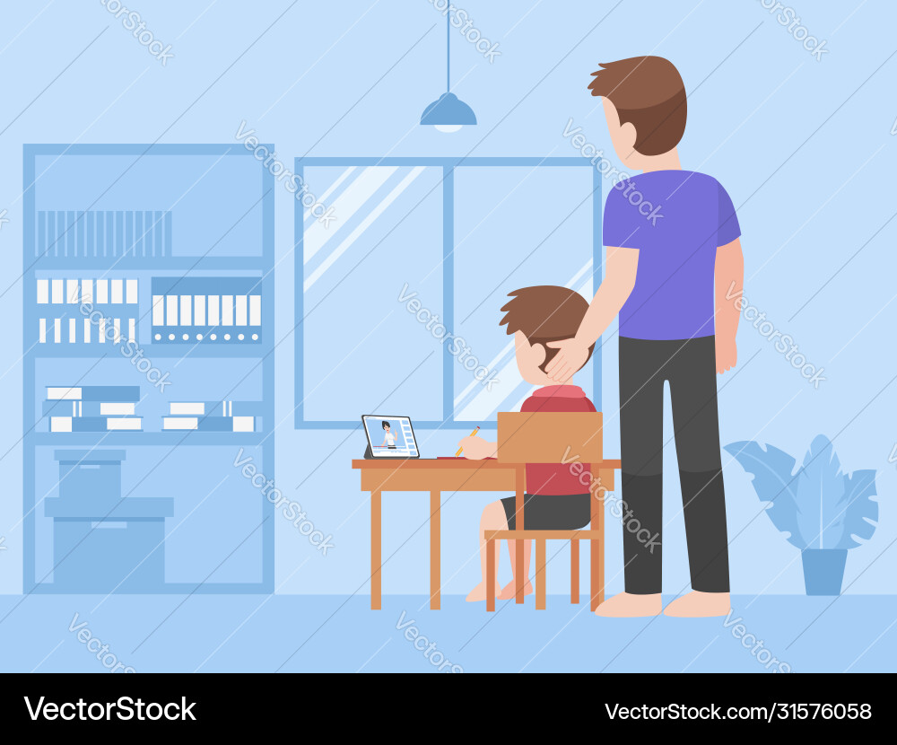 Father helping son doing homework together Vector Image