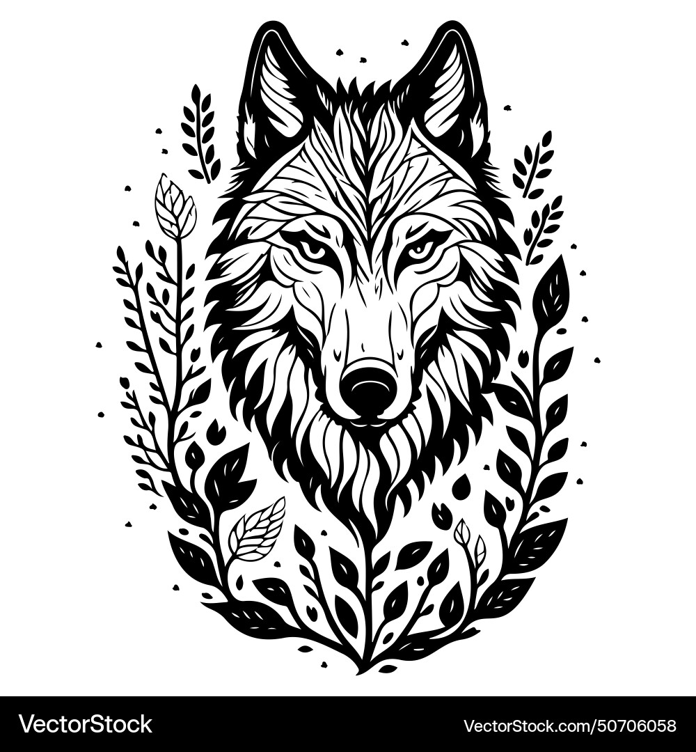 Wolf brave with floral spring sketch hand draw Vector Image