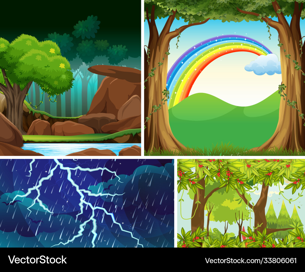 Four different nature disasters scene forest Vector Image