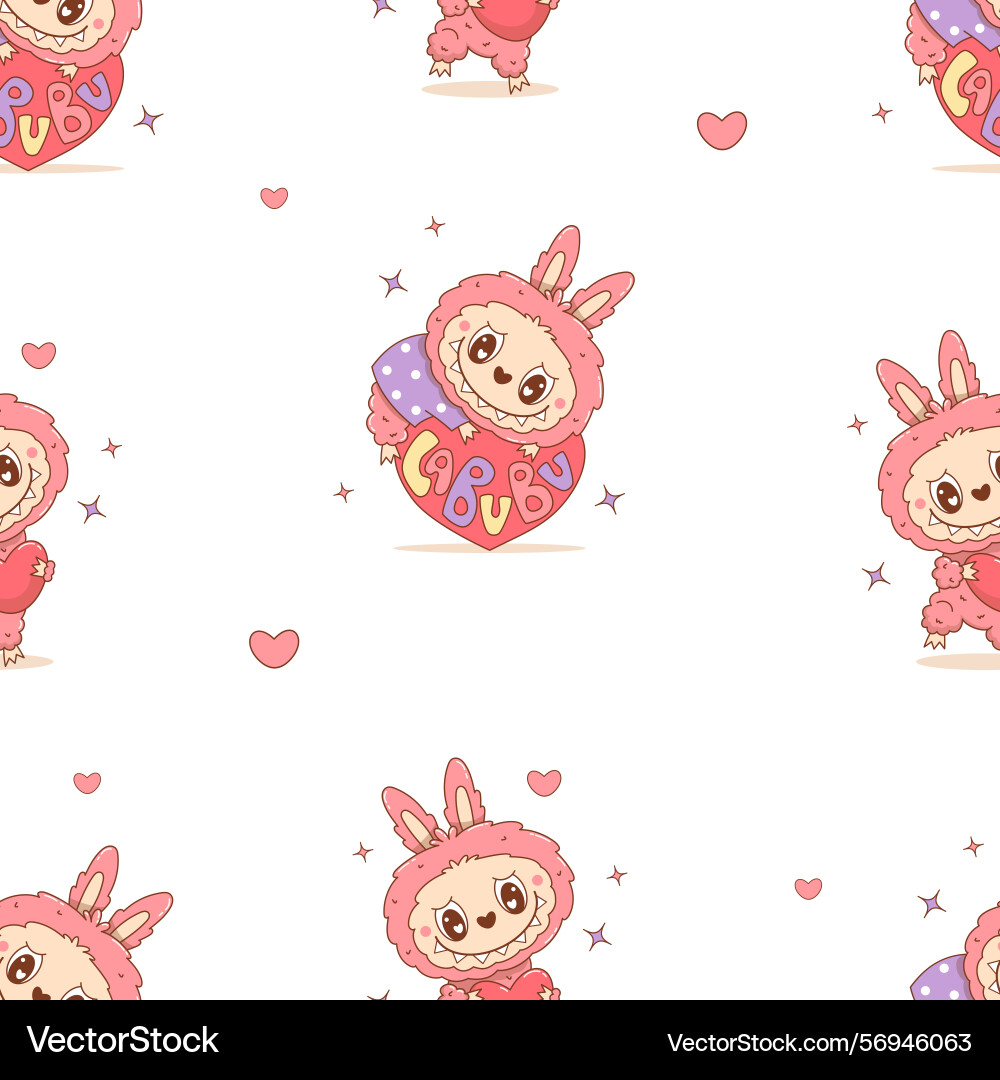 Seamless pattern with cute monster toy labubu Vector Image