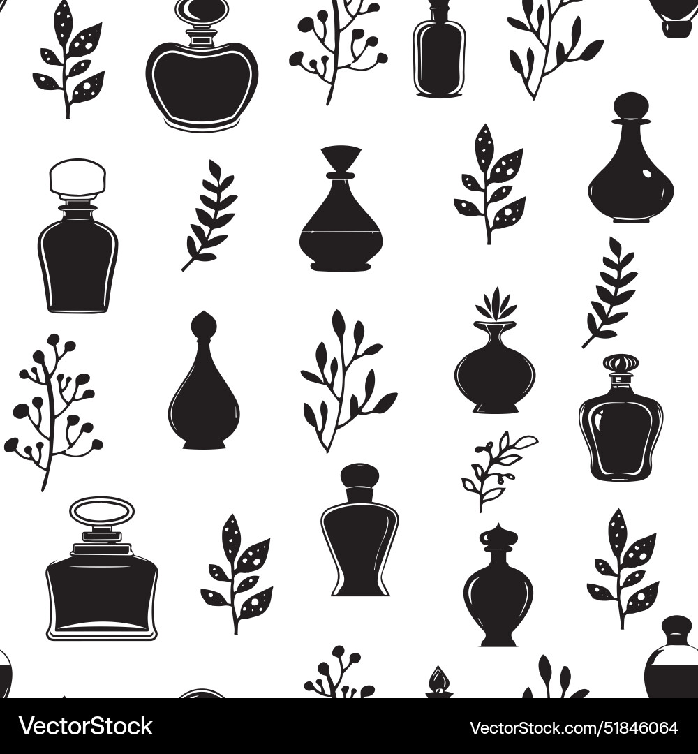 Perfume bottles and leaves pattern Royalty Free Vector Image