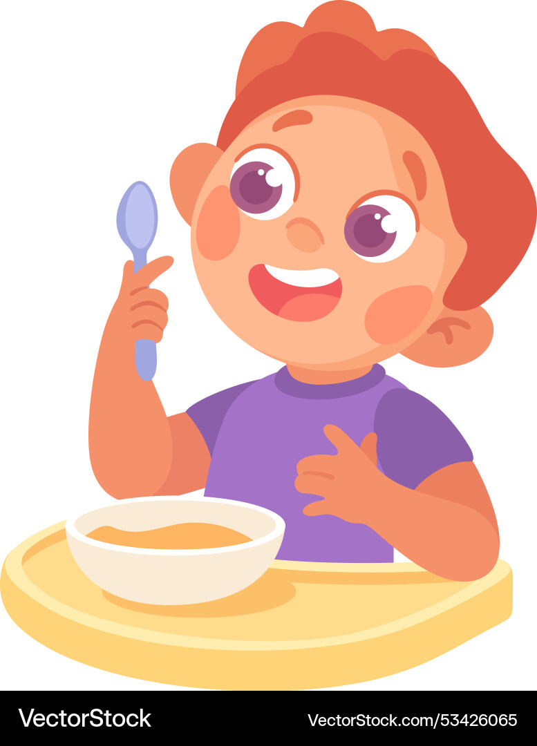 Boy sitting and eat breakfast meal at table Vector Image