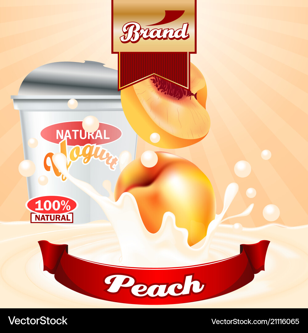 Peach yogurt ads splashing scene with package Vector Image