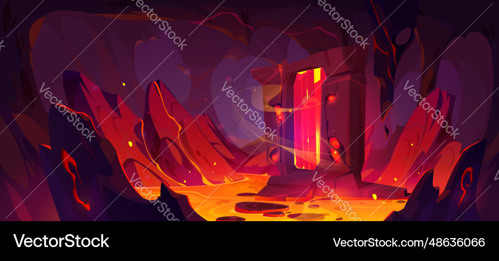 Magic stone portal and lava flow inside volcano Vector Image