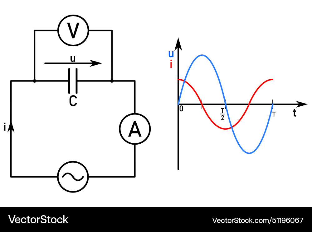 Ac circuit with capacitor and timing diagrams Vector Image