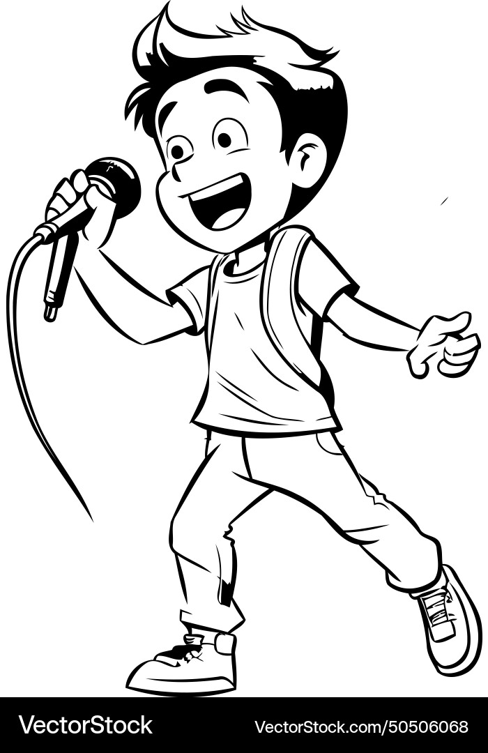 Cartoon boy singing with microphone black Vector Image