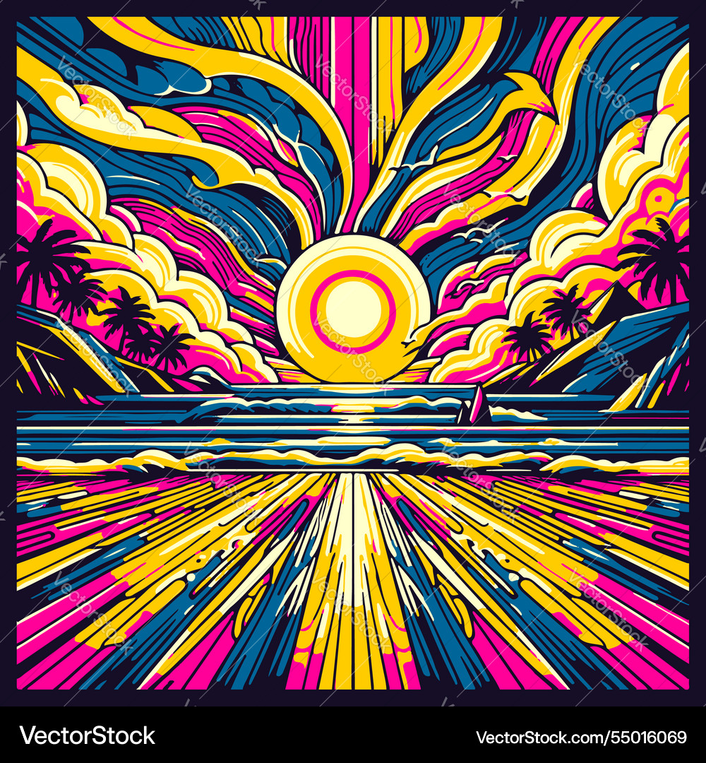 A vibrant psychedelic beach scene Royalty Free Vector Image