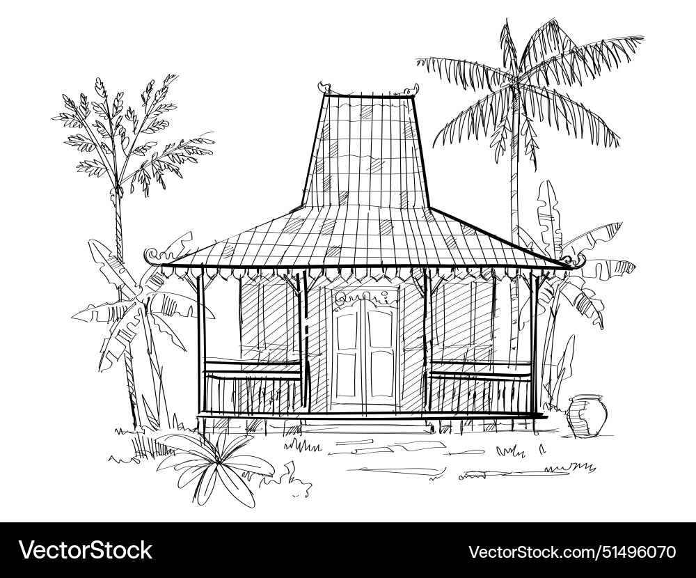 Joglo java traditional house hand drawing sketch Vector Image
