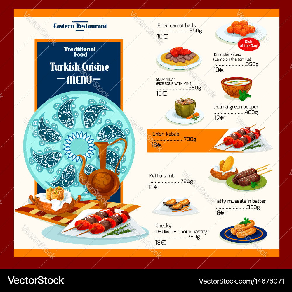 Menu template of turkish cuisine restaurant Vector Image