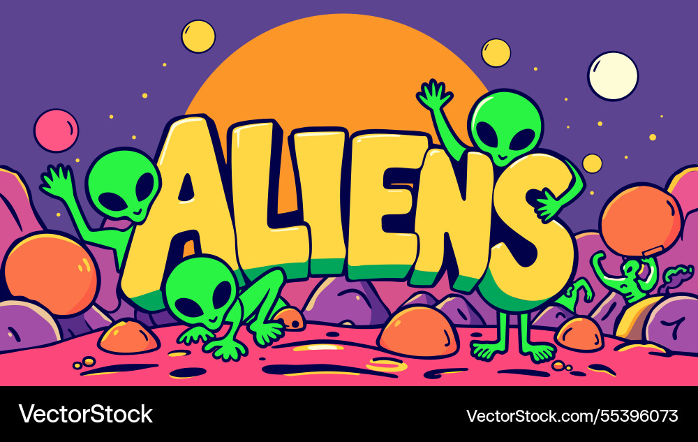 Aliens bright vintage banner with lettering Vector Image