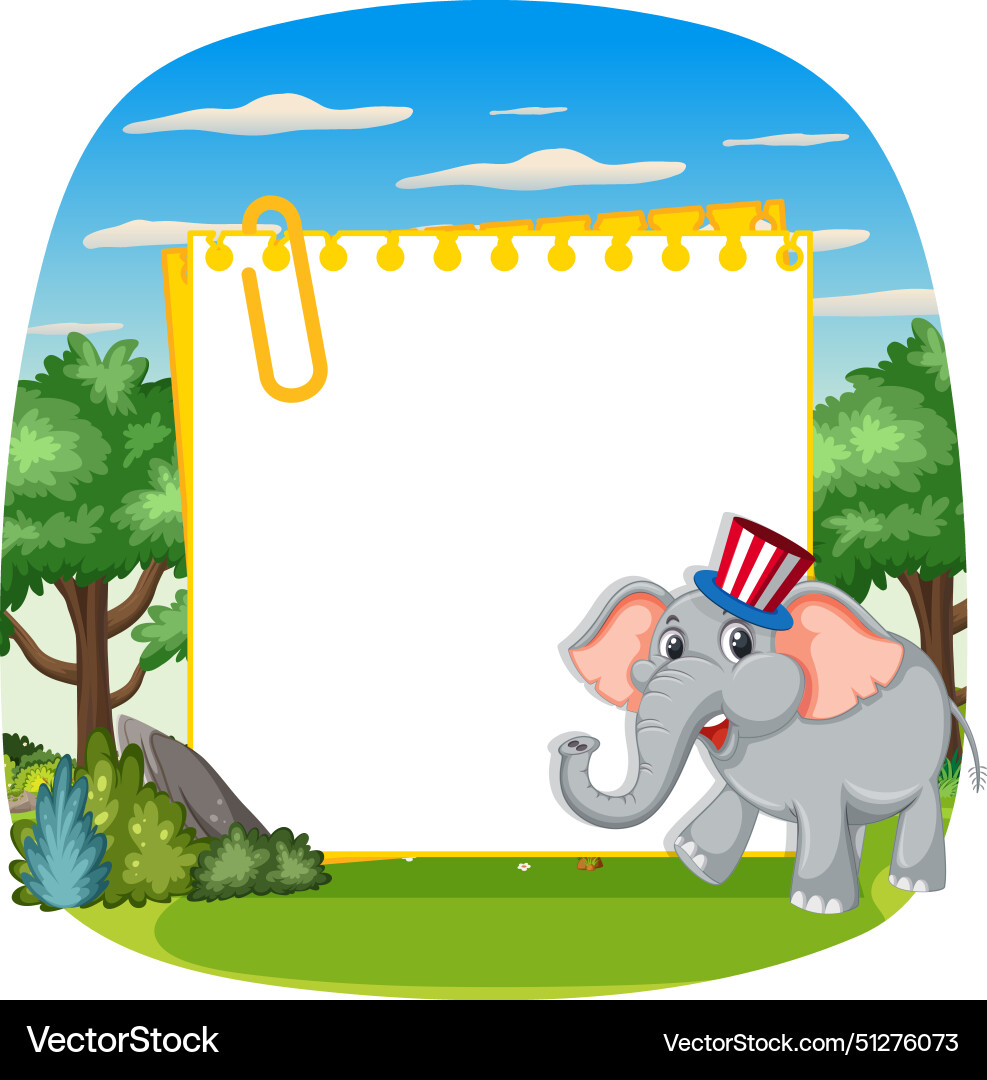 Cartoon elephant beside a blank notepad in nature Vector Image