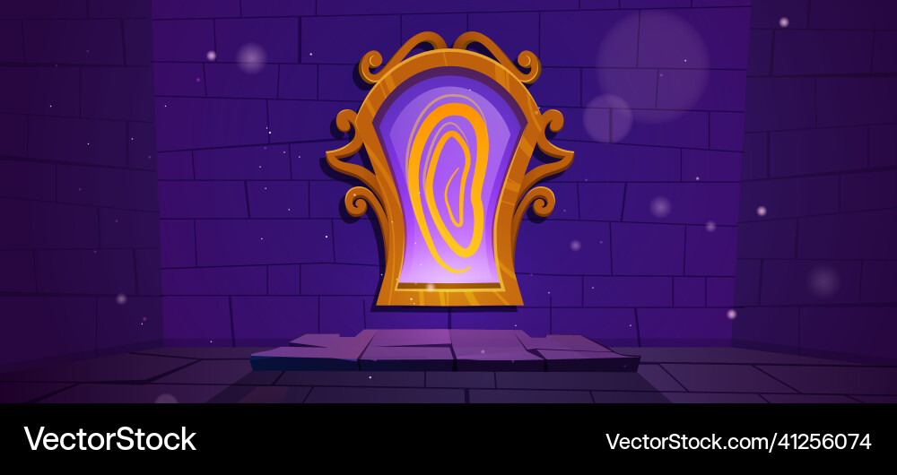 Magic mirror in golden frame on stone wall Vector Image