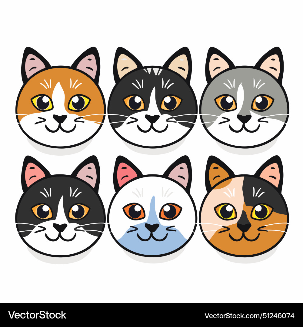 Six cartoon cat faces different expressions colors