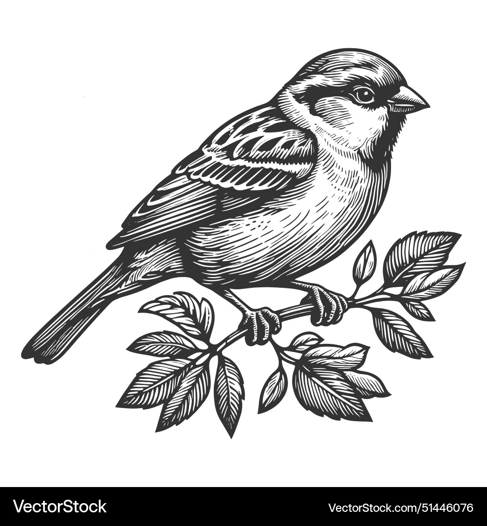 Sparrow perched on branch engraving Royalty Free Vector