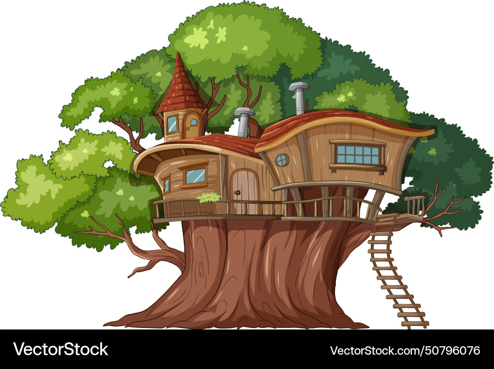 Whimsical treehouse nestled among vibrant green Vector Image