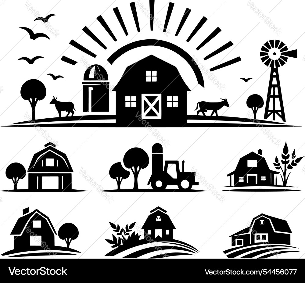 Farm icons barns windmill tractor cows silo Vector Image