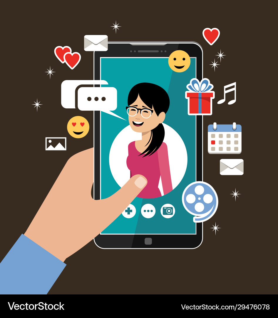 Hand holding phone with womans profile online Vector Image