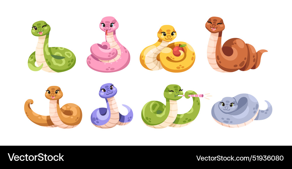 Cute snake characters set adorable mascot animals Vector Image