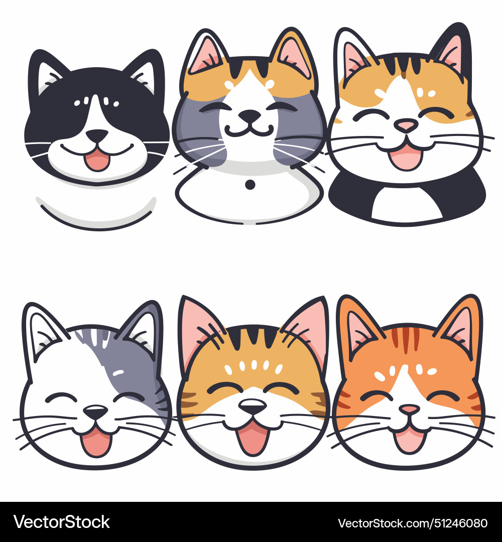 Six cartoon cat faces smiling various colors Vector Image