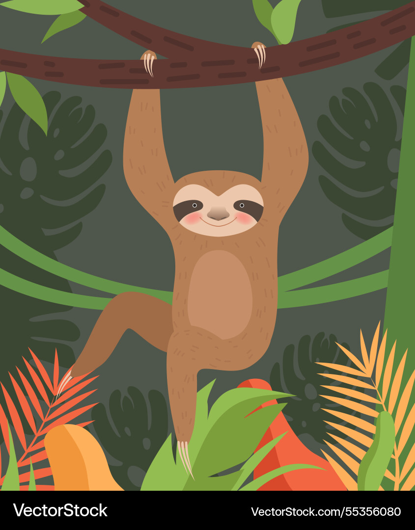 Sloth lazy wild animals on trees cartoon Vector Image