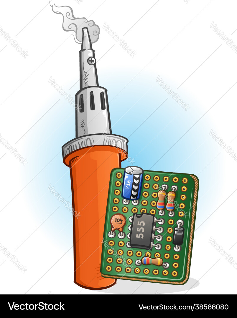 Soldering iron and pcb with components cartoon Vector Image