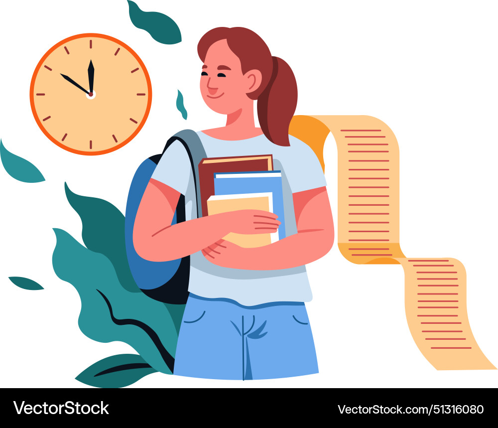 Student holding books with clock Royalty Free Vector Image