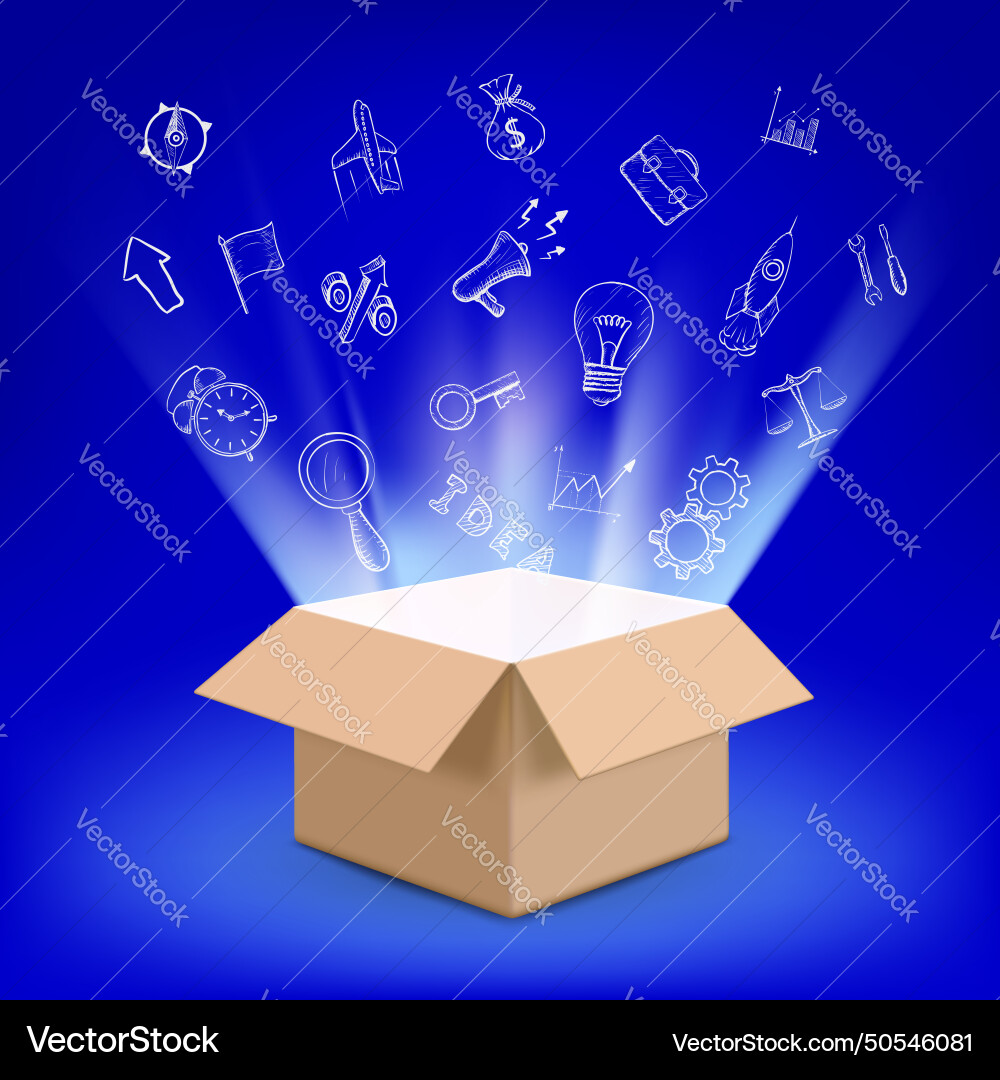 Open box with light inside and doodle symbols Vector Image
