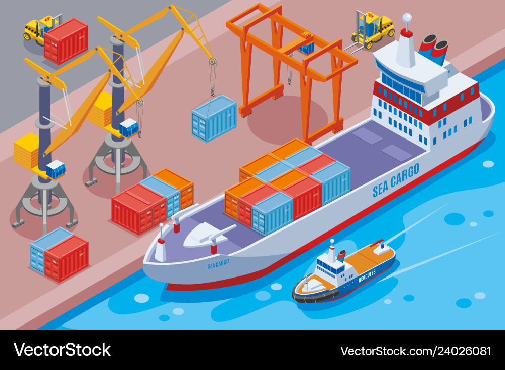 Seaport isometric composition Royalty Free Vector Image