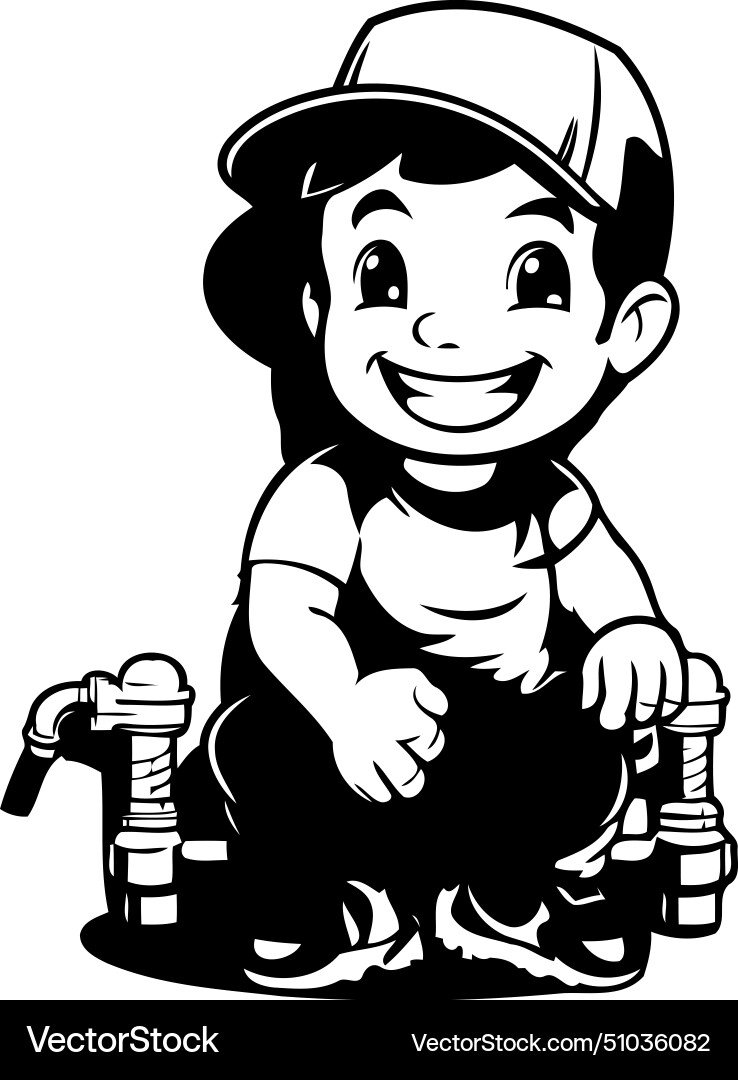 Cute little boy plumber with pipe plumbing Vector Image