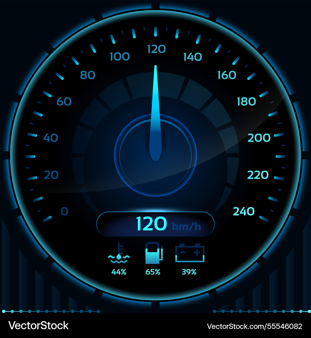 Futuristic glowing blue speedometer displaying 120