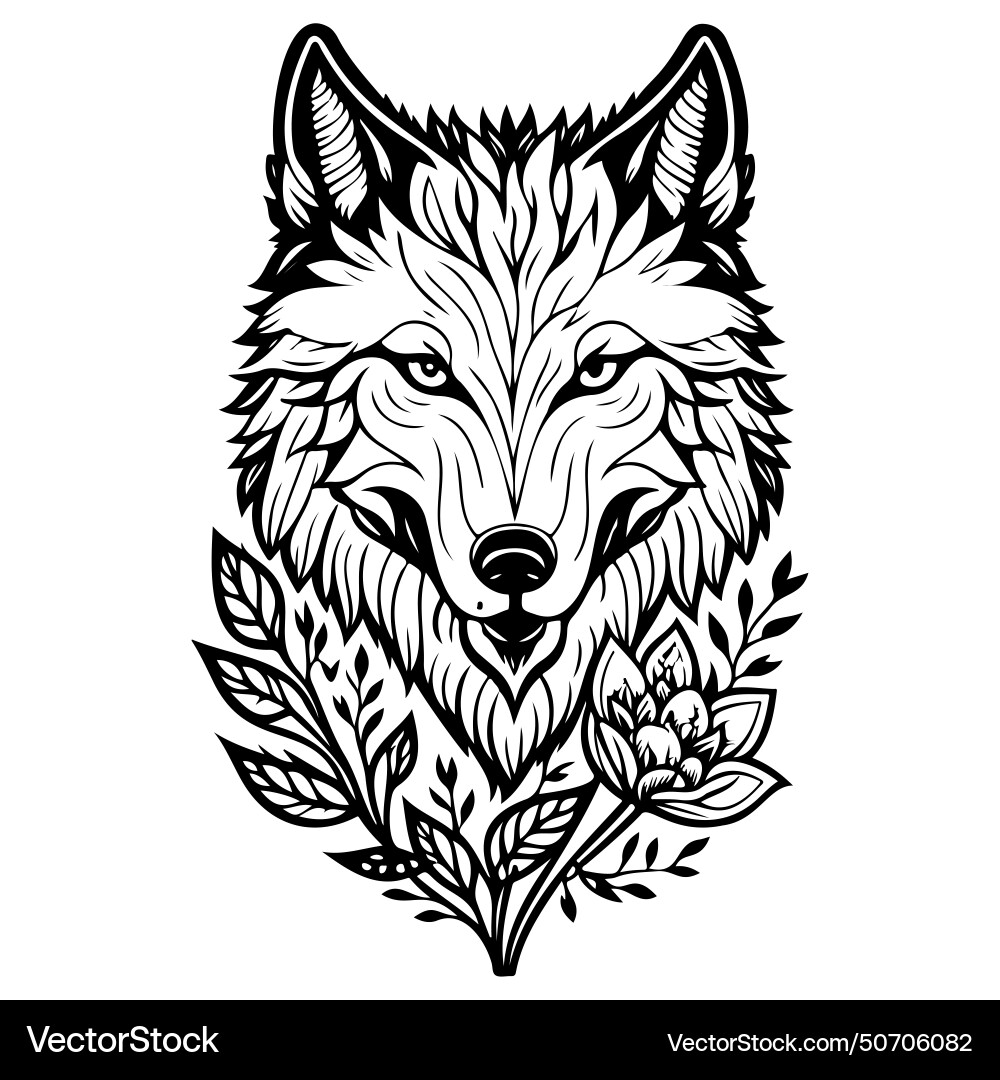 Wolf brave with floral spring sketch hand draw Vector Image