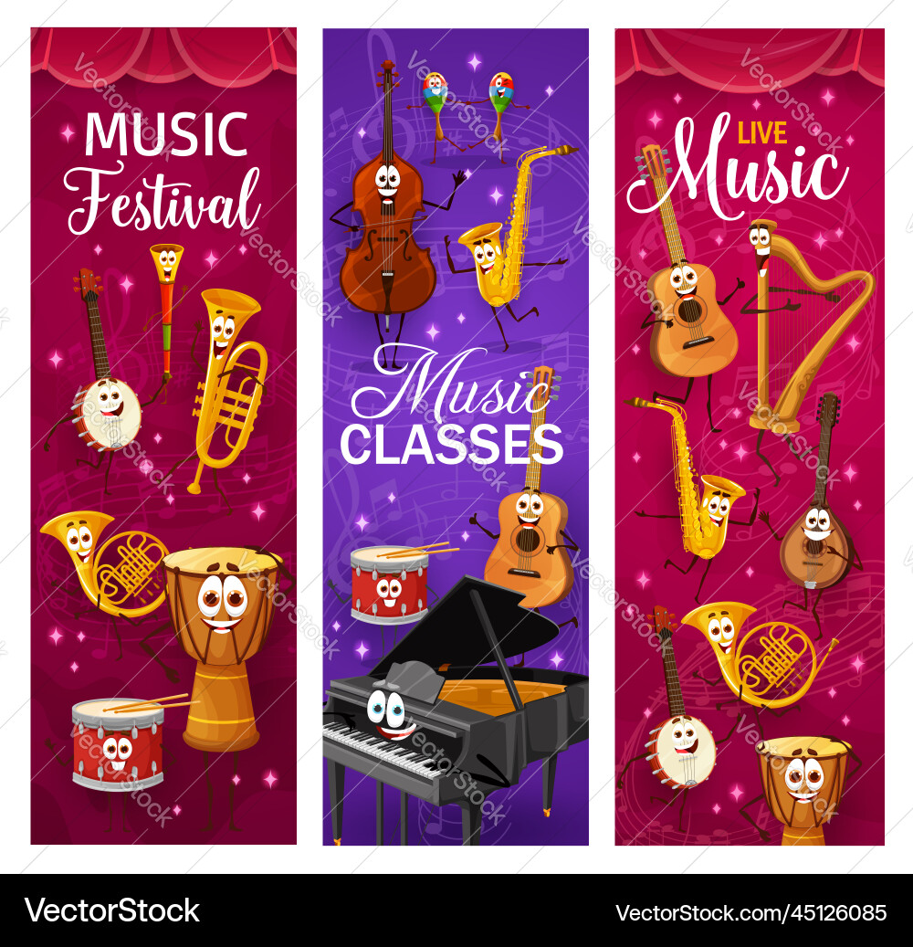 Cartoon musical instrument characters banners Vector Image