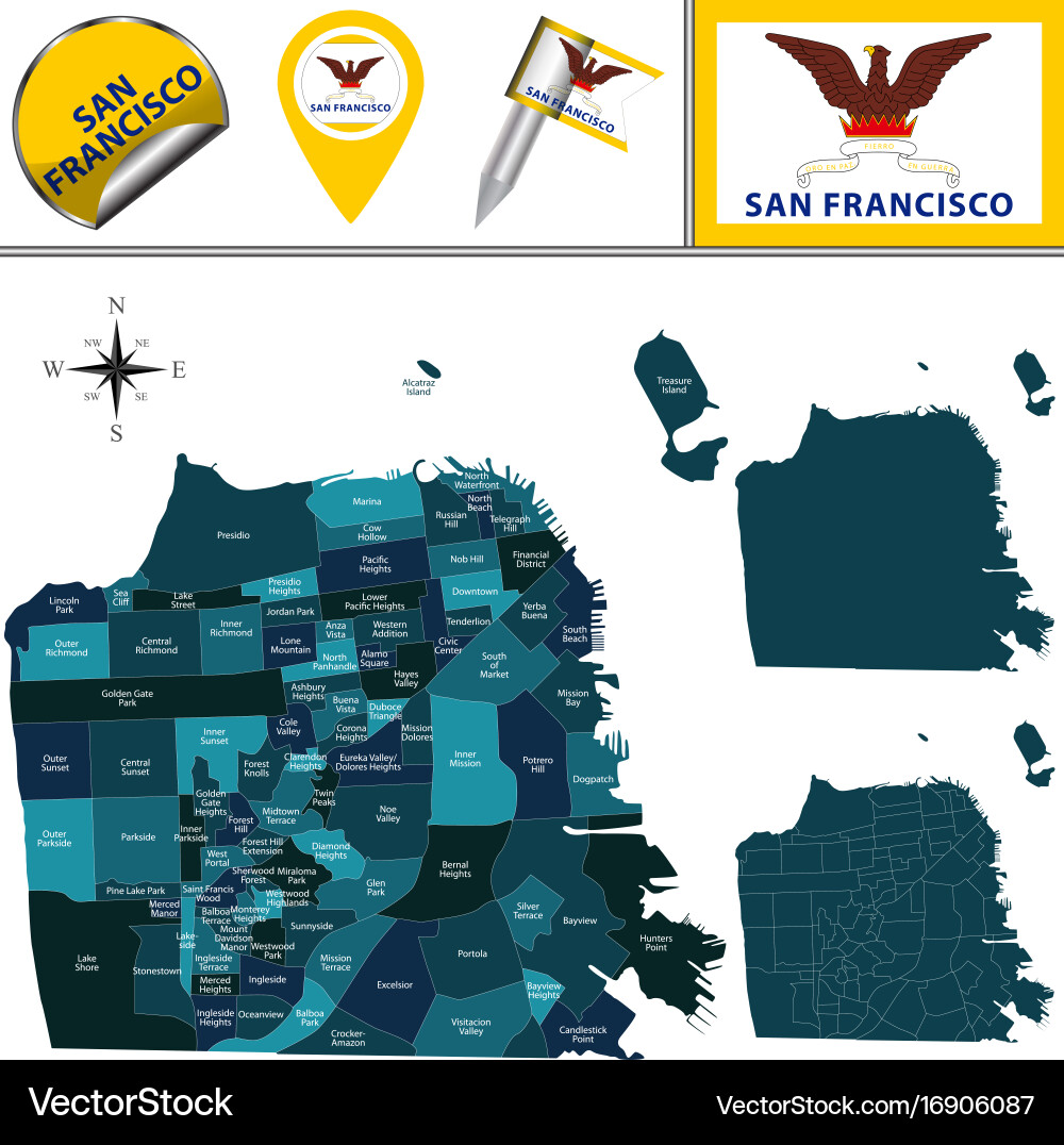 Map of san francisco with districts Royalty Free Vector