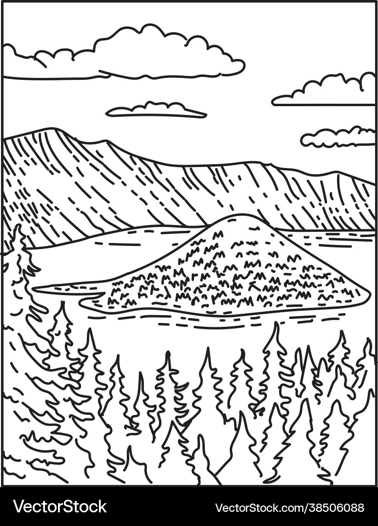 Crater Lake Monoline Art Royalty Free Vector Image